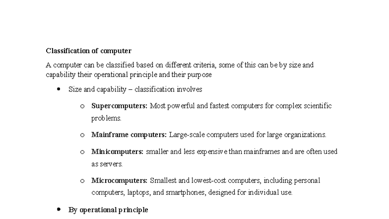 Introduction to Computers: Classification and Key Characteristics - Studocu