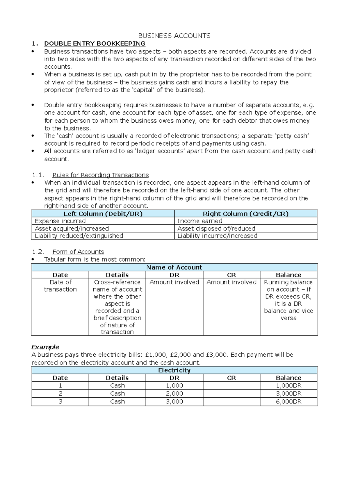 BUSINESS ACCOUNTS 1: DOUBLE ENTRY BOOKKEEPING NOTES - Studocu