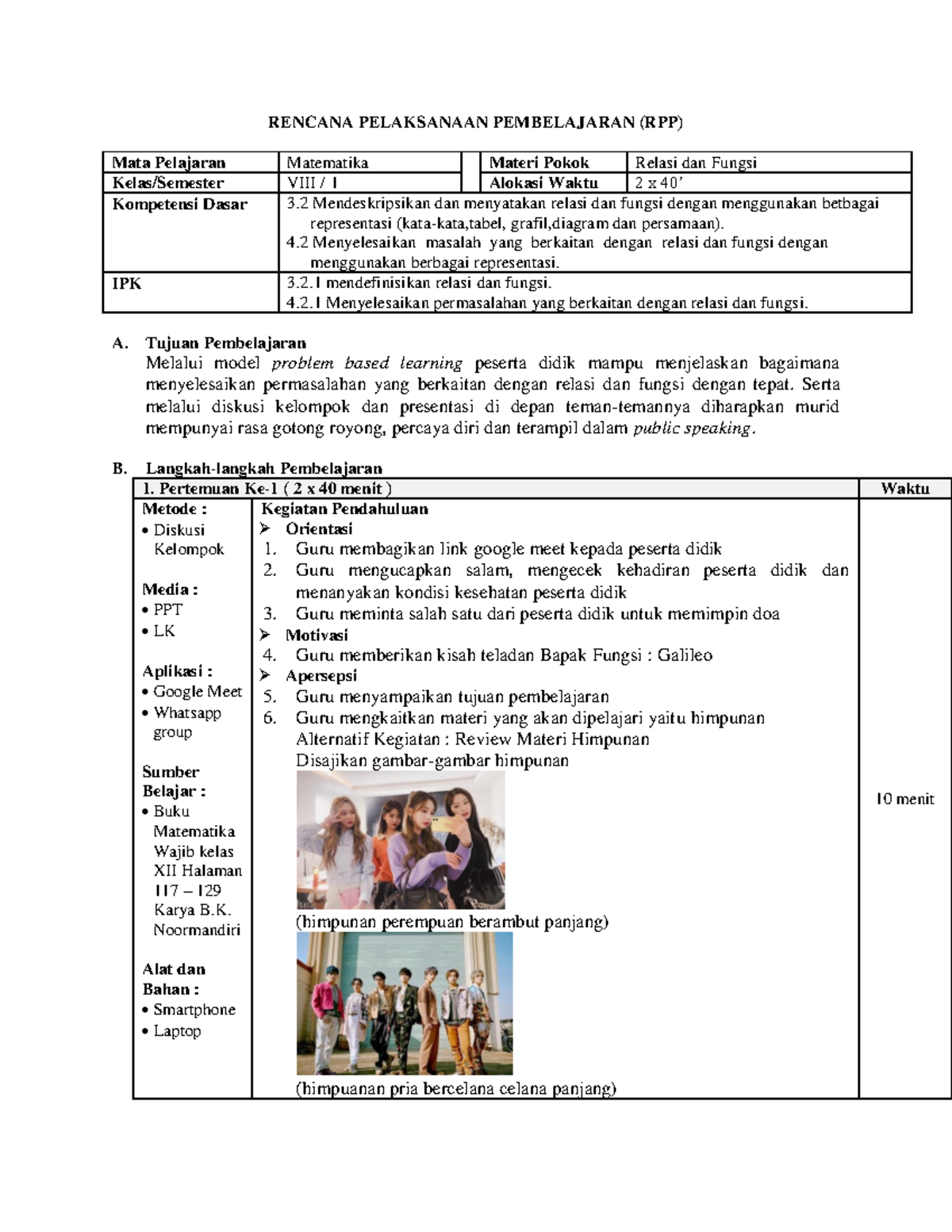 RPP dan LKPD Matematika Kelas VIII: Relasi dan Fungsi - Studocu