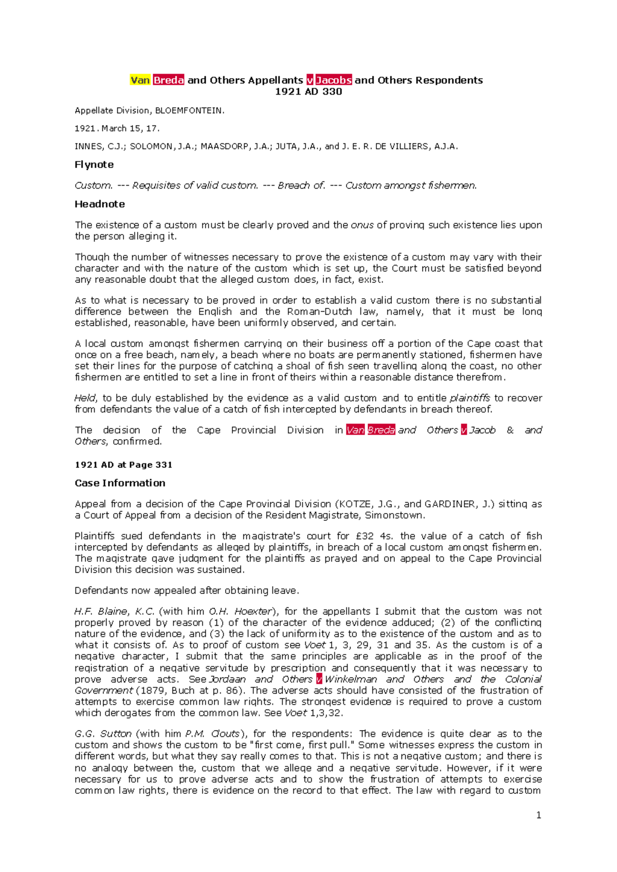 Van Breda v Jacobs (1921 AD 330) - Case Law Analysis & Summary - Studocu