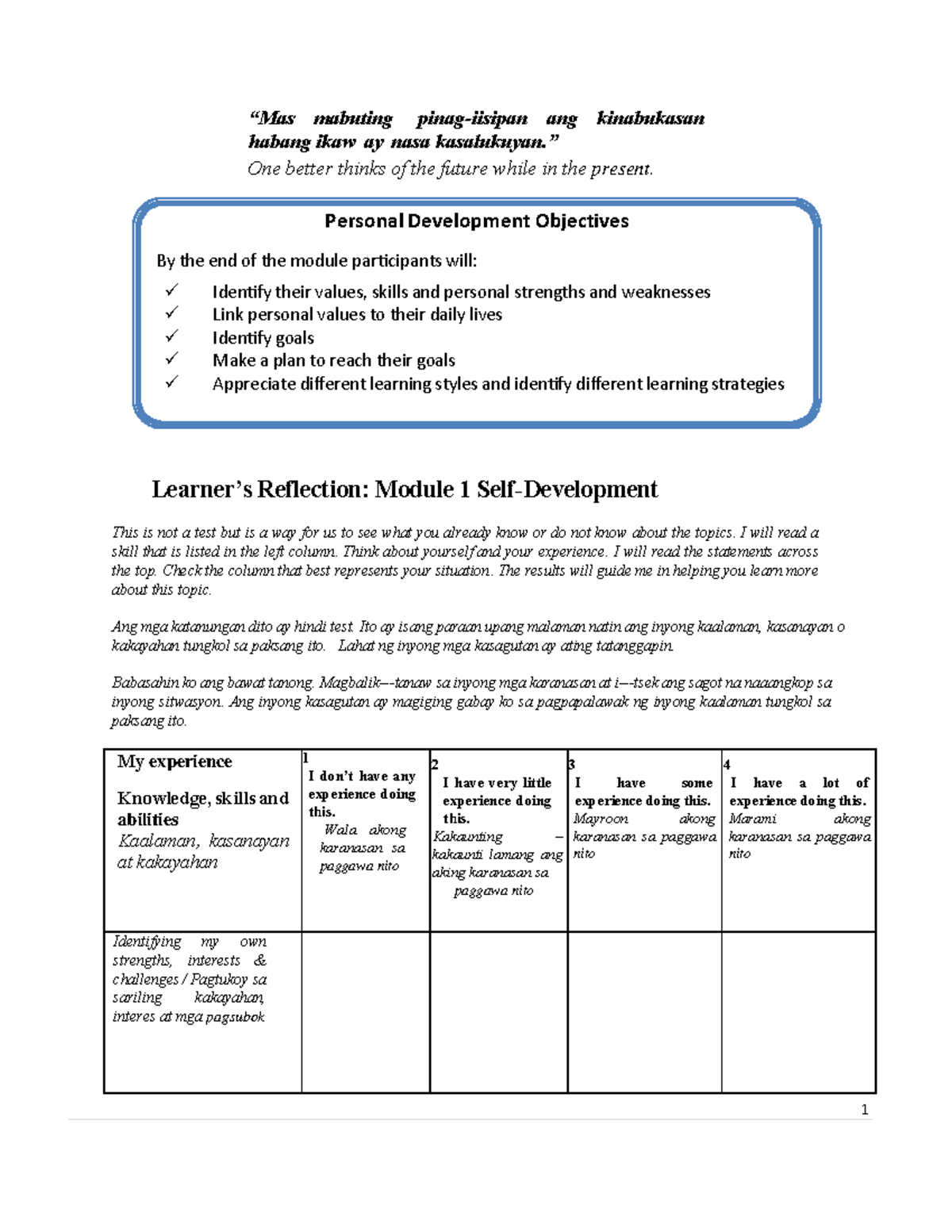 Personal Development Module: Understanding Values and Relationships ...