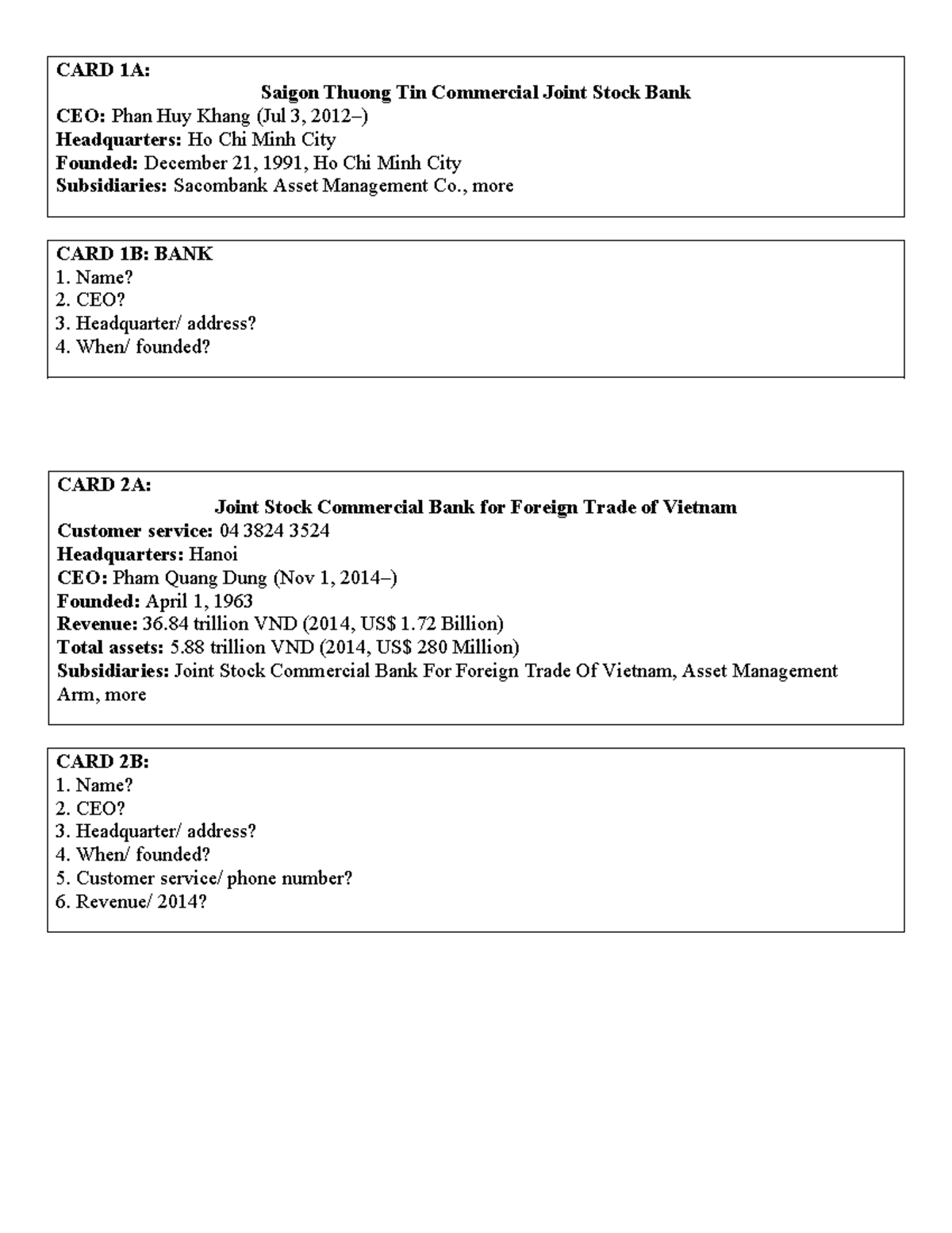 CARD 1A & 1B: Overview of Saigon Thuong Tin Bank & CEO Details - Studocu