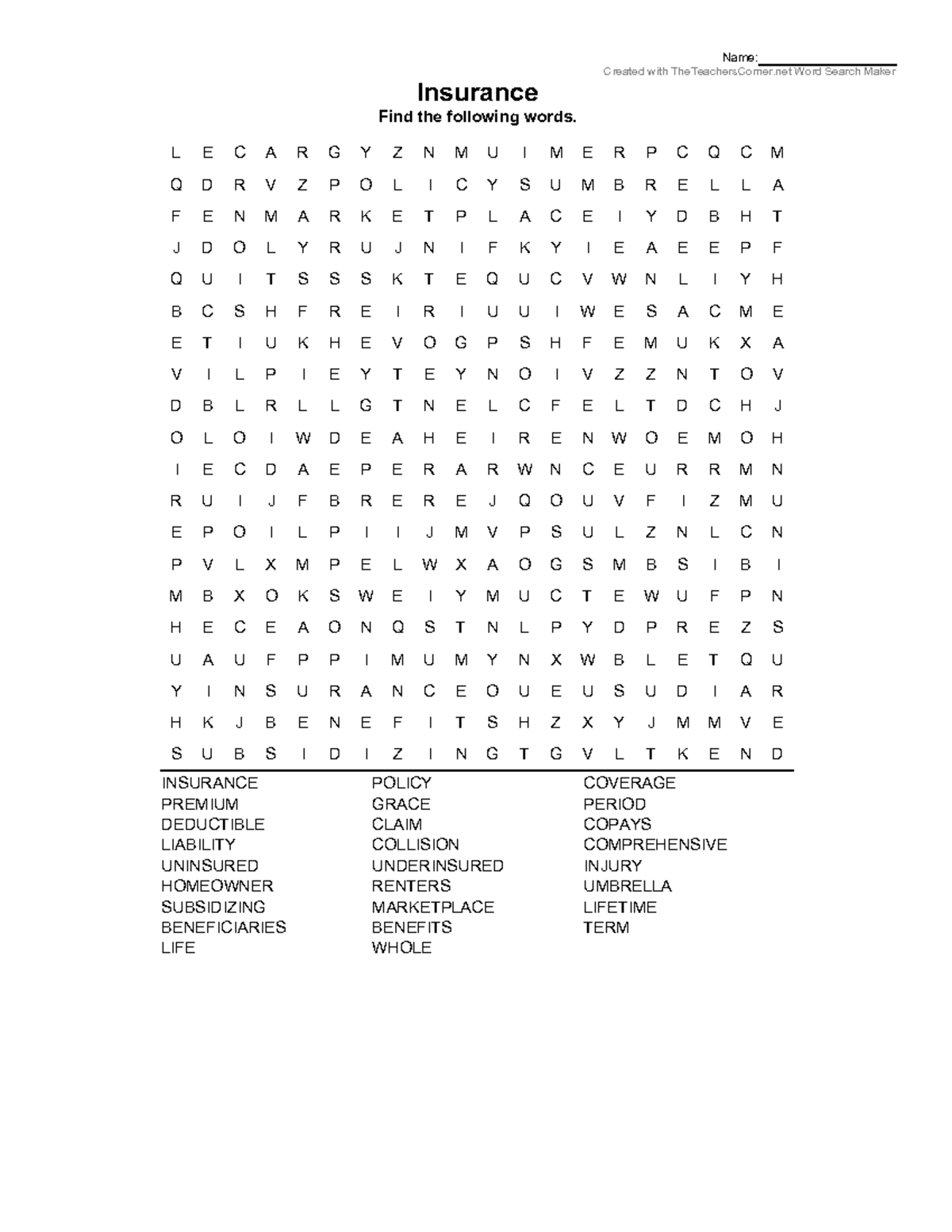 Insurance Vocabulary Word Search Activity: Terms & Concepts - Studocu
