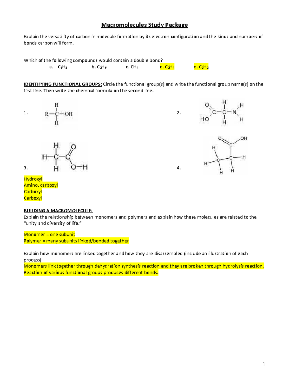 Macromolecules Study Package: Carbon Versatility & Functional Groups ...