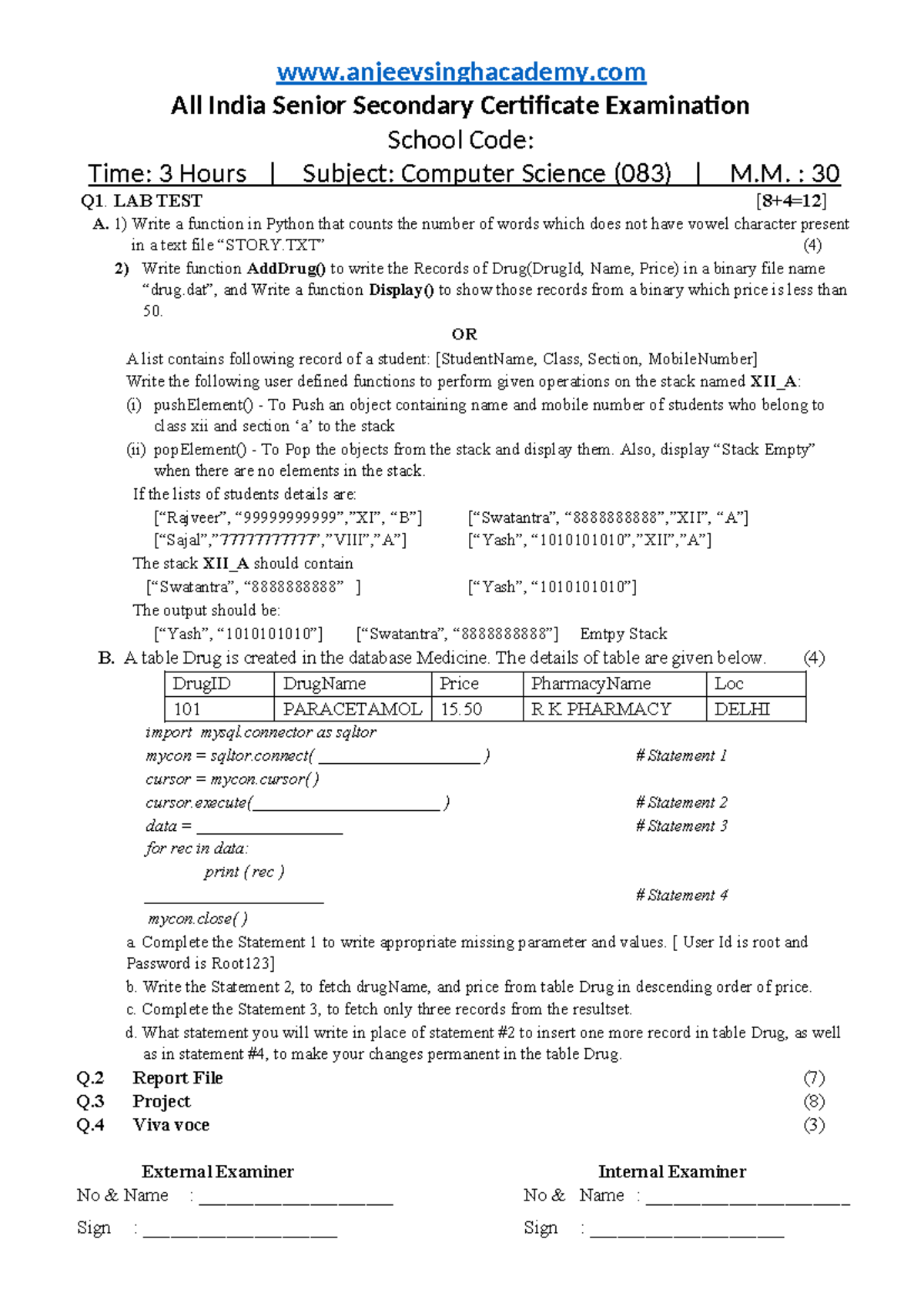 AISSCE Computer Science Practicals QP 5 - School Code: 083 - Studocu