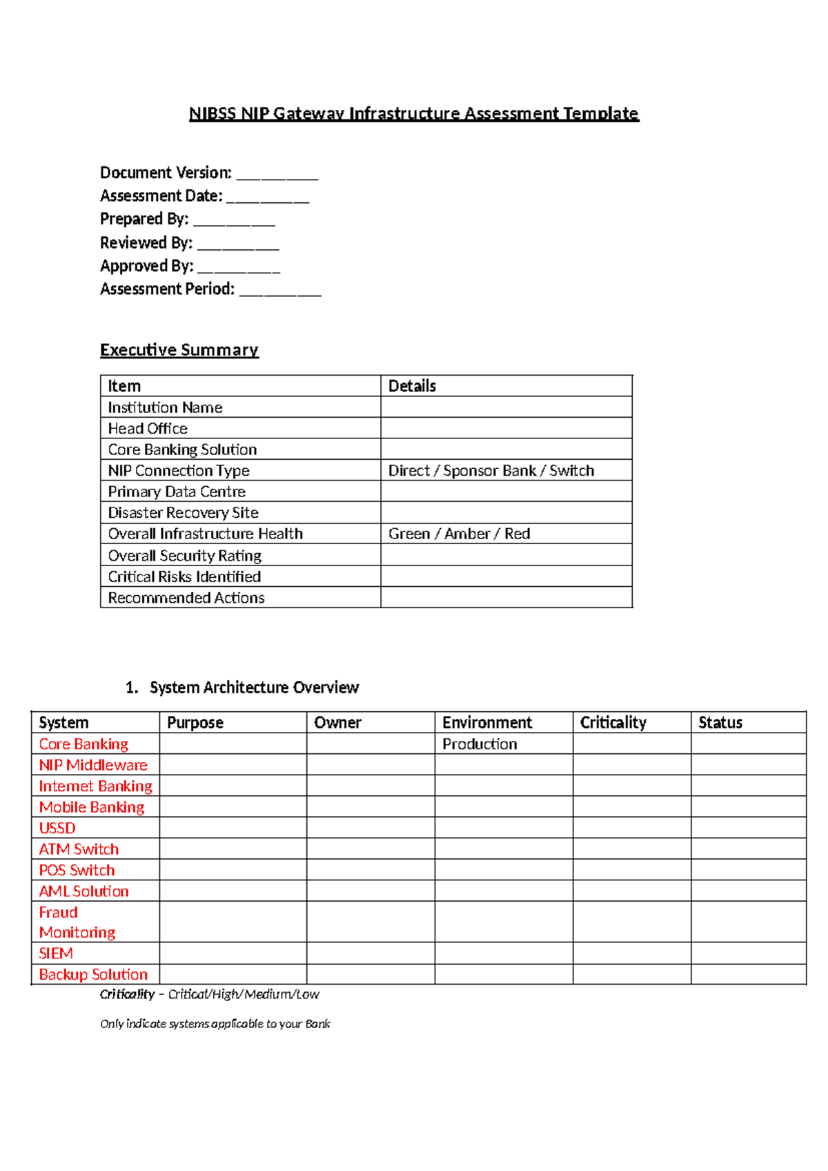 NIBSS NIP Gateway Infrastructure Assessment Template Document - Studocu