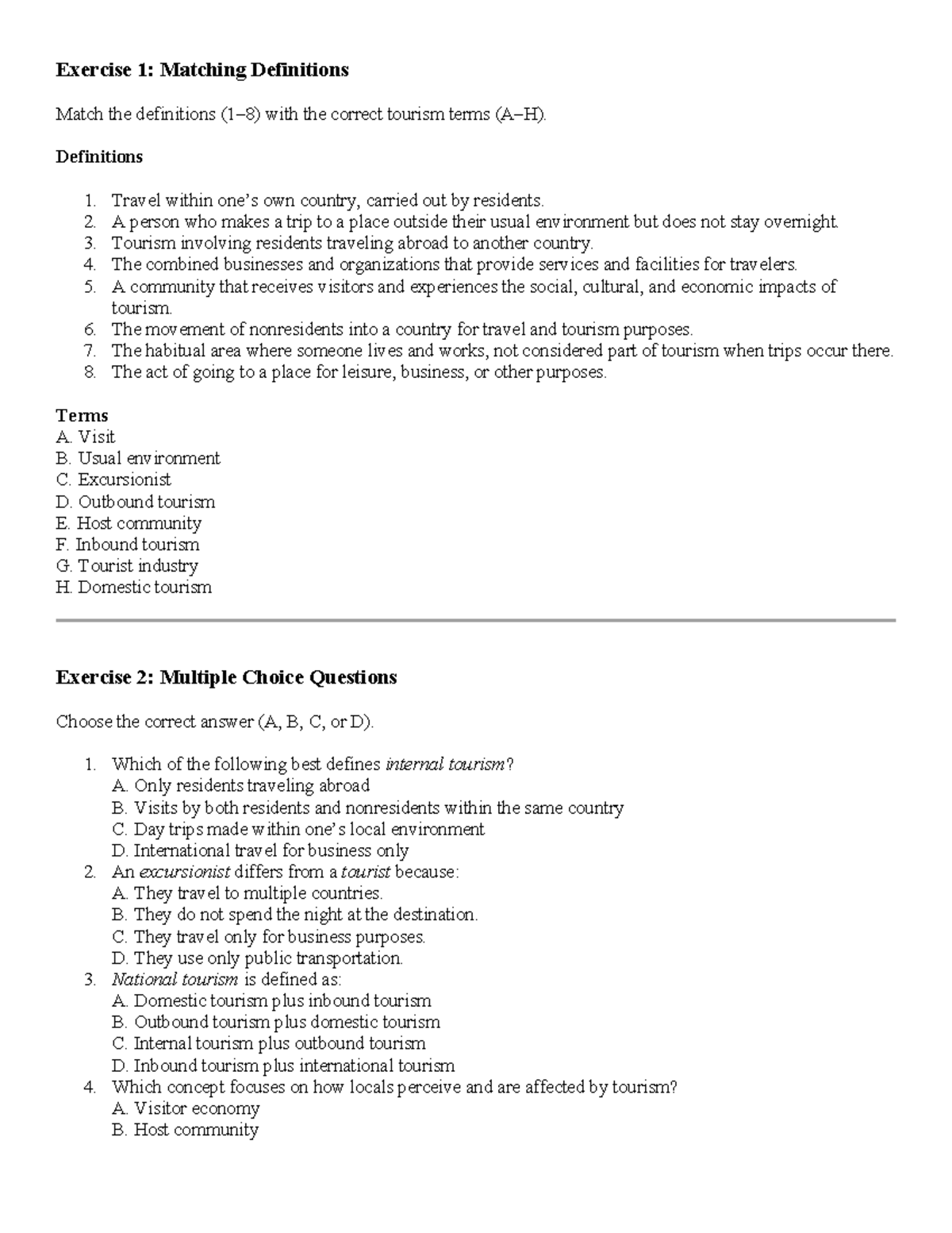 Chapter 1 - Exercises & Lecture Notes on Tourism Terms - Studocu