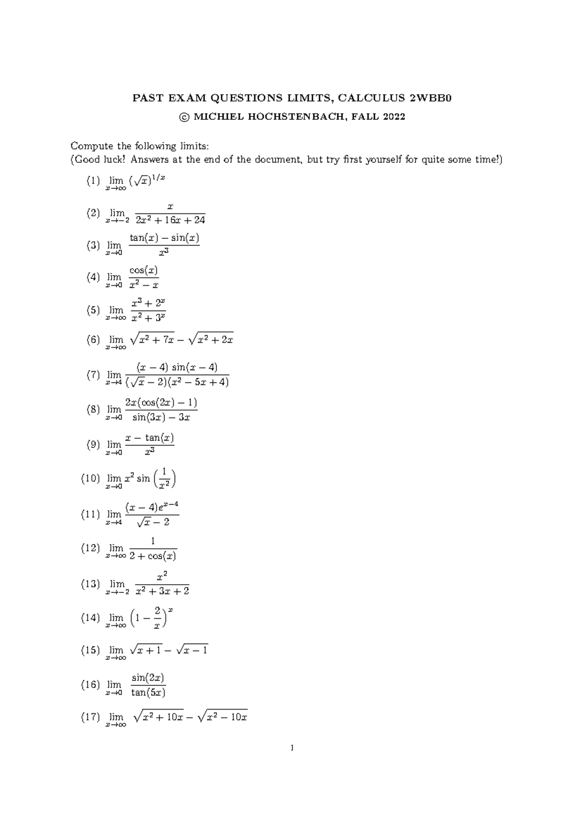 Past-exam-questions-limits - PAST EXAM QUESTIONS LIMITS, CALCULUS 2WBB ...
