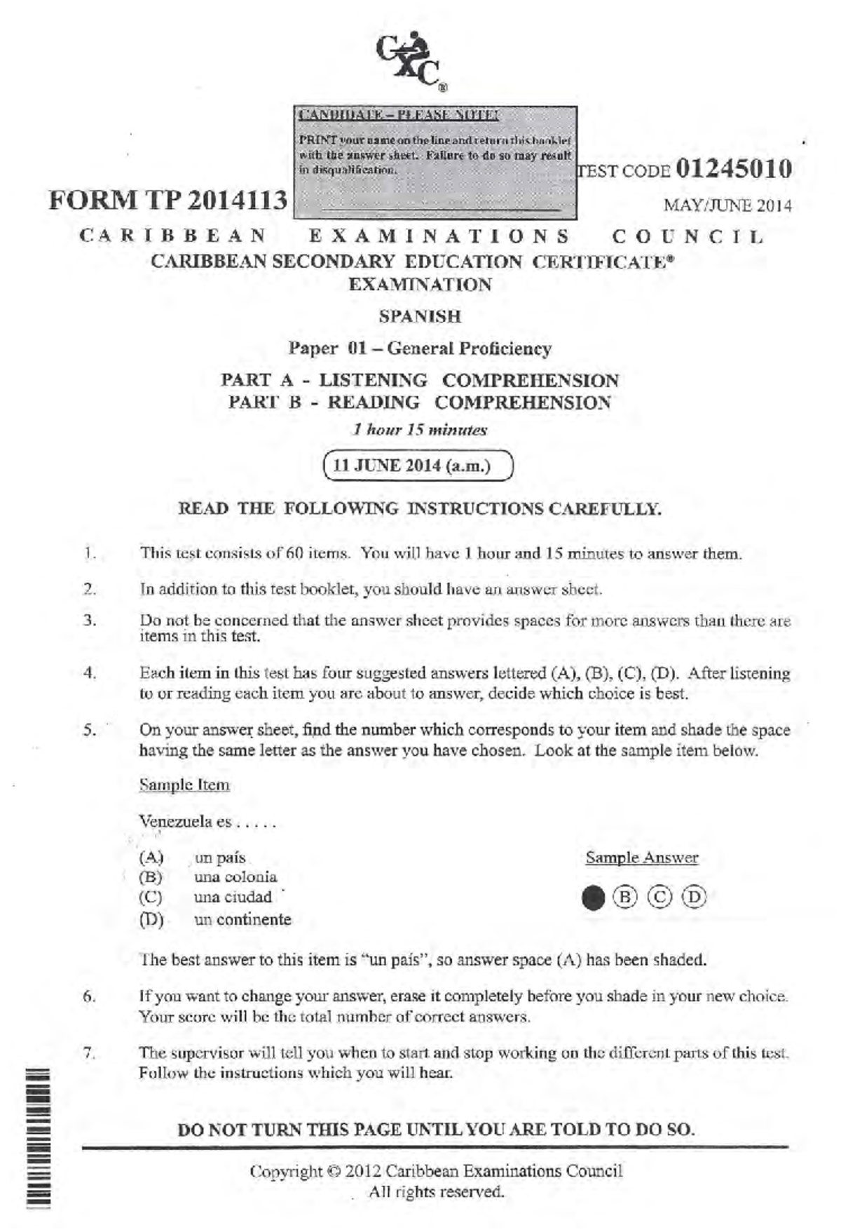 Spanish Paper 1 CSEC 2014: Listening & Reading Comprehension Exam - Studocu