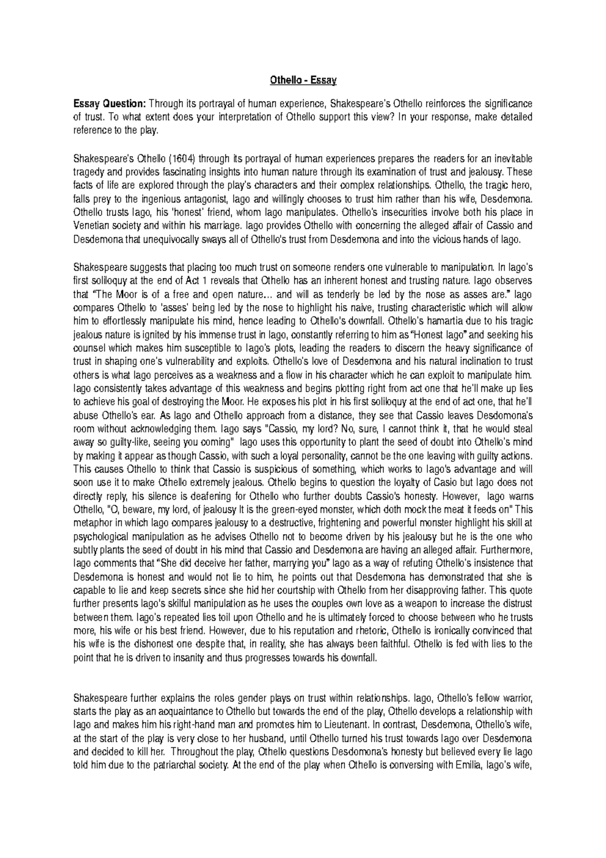 An Essay on Shakespeare's Othello - Othello - Essay Essay Question ...
