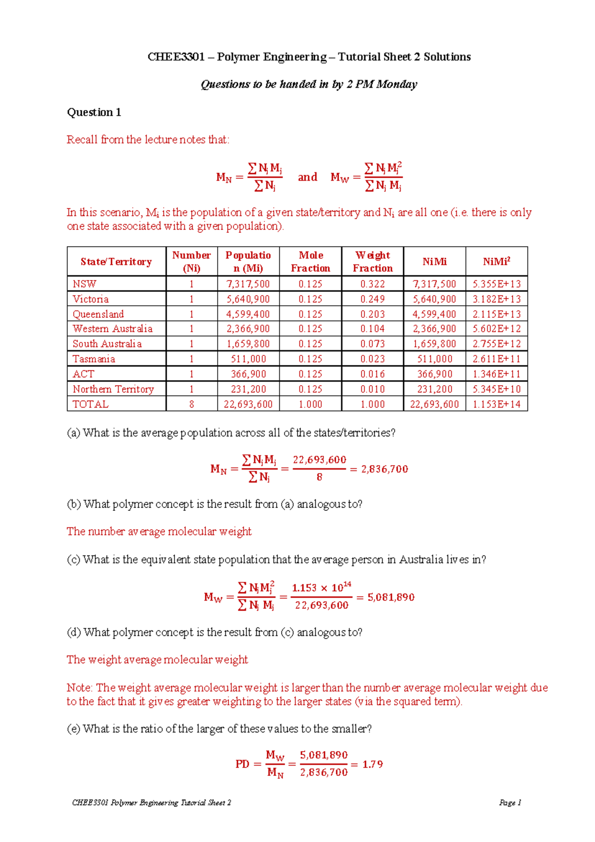 CHEE3301 Polymer Engineering Tutorial 2 Solutions Guide - Studocu