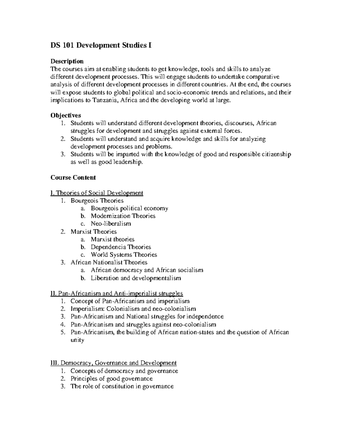 Development Studies Syllabi: DS 101 & DS 102 Overview and Content - Studocu
