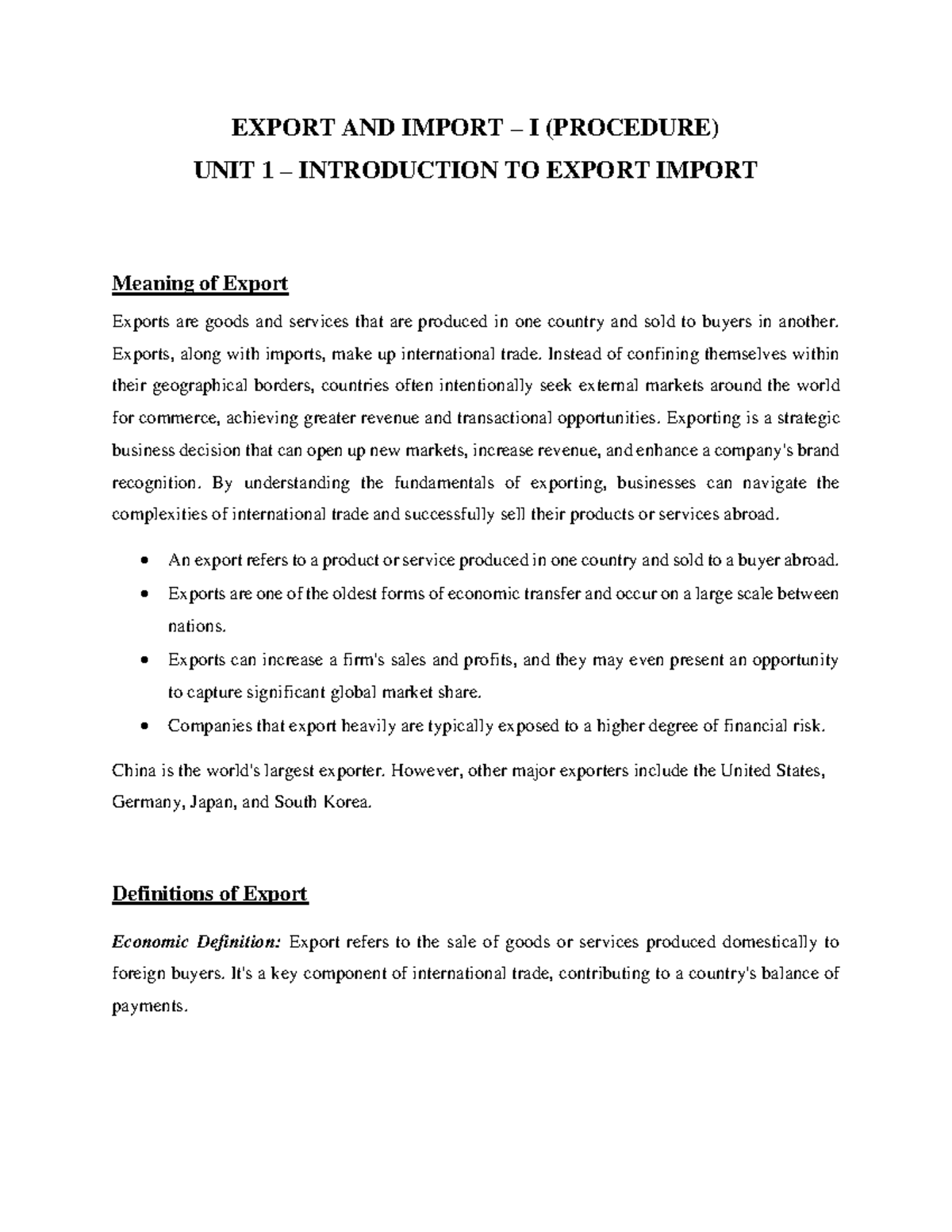 Export and Import - EXPORT AND IMPORT – I (PROCEDURE) UNIT 1 ...