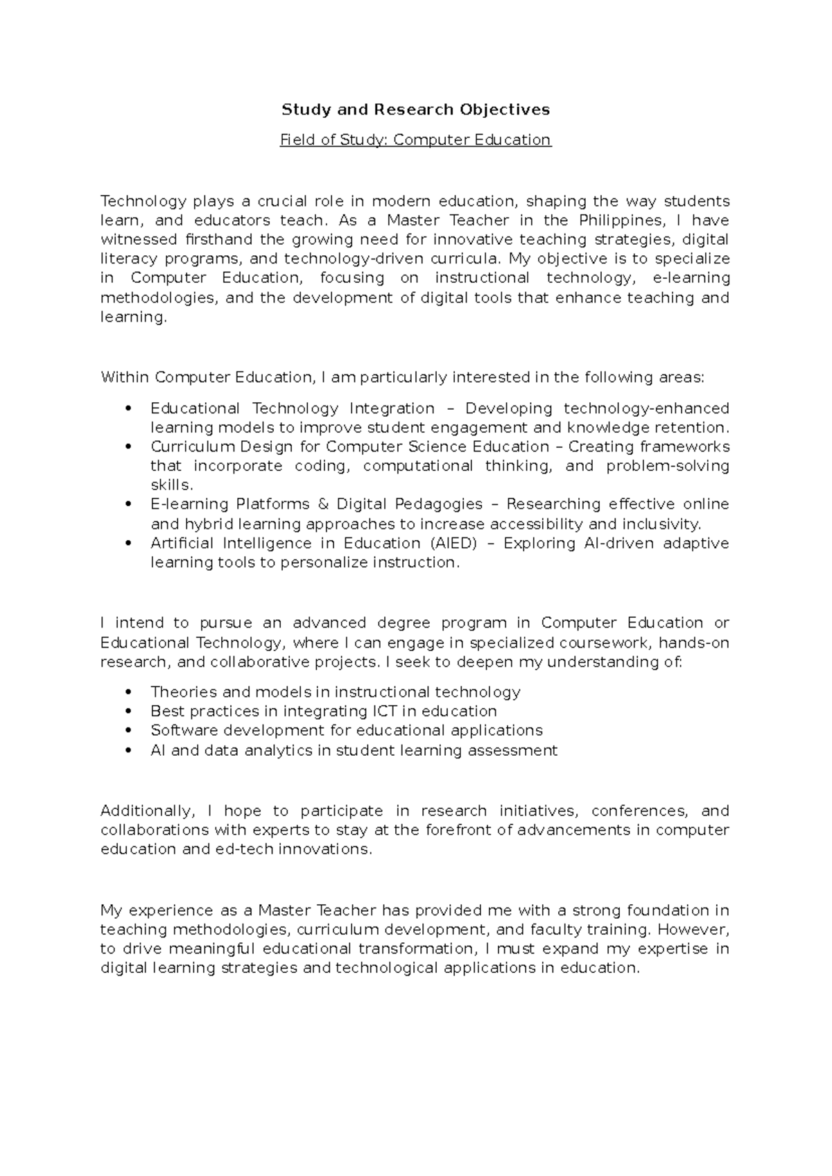 Study and Research Objectives in Computer Education Technology - Studocu