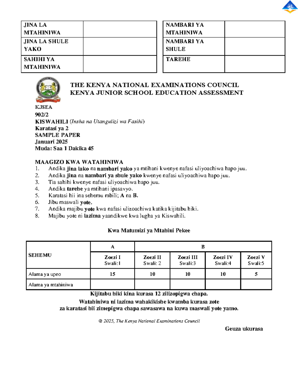 KISW PP2 KJSEA - Sample Paper for Kenya Junior School Assessment - Studocu