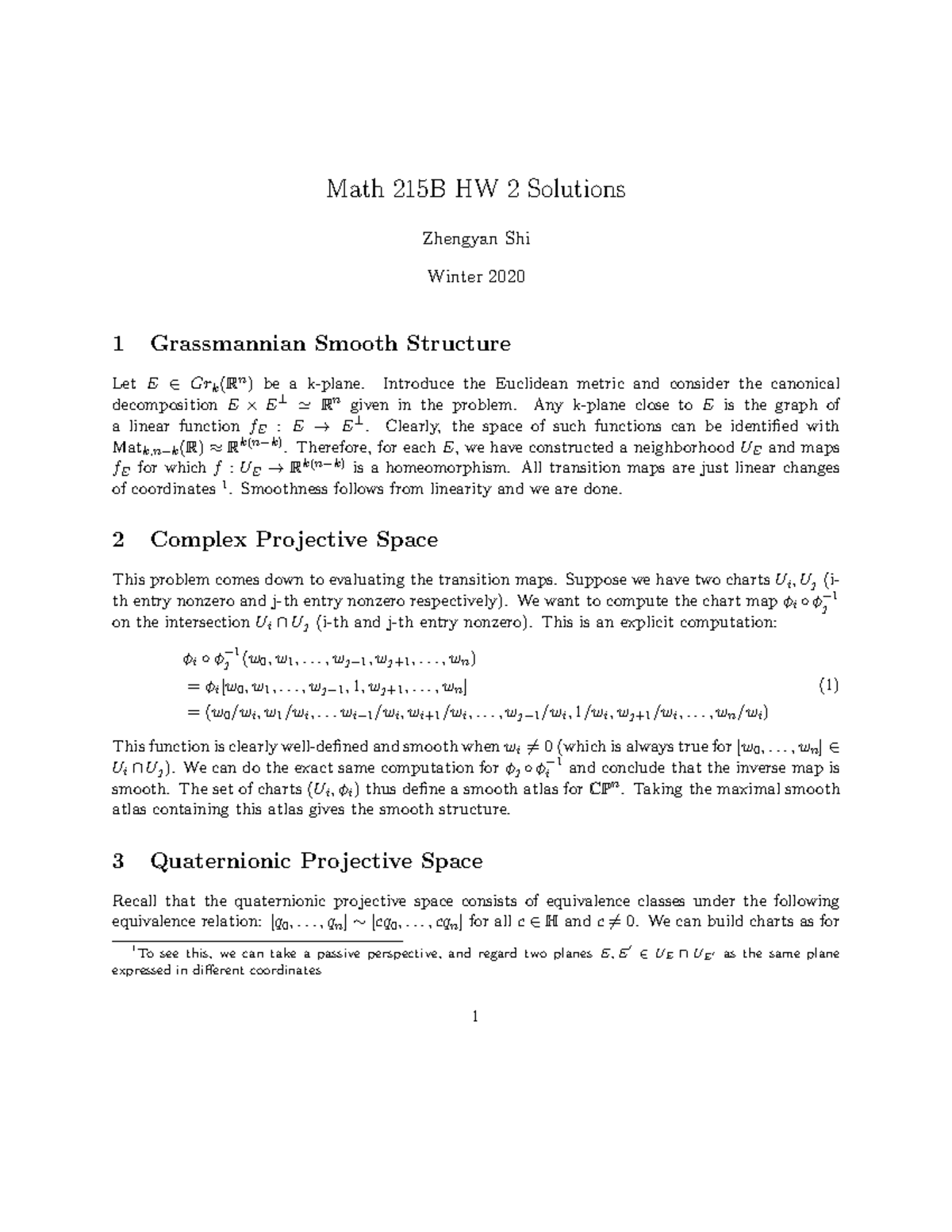 Math 215B HW 2 Solutions: Grassmannian & Projective Spaces - Studocu