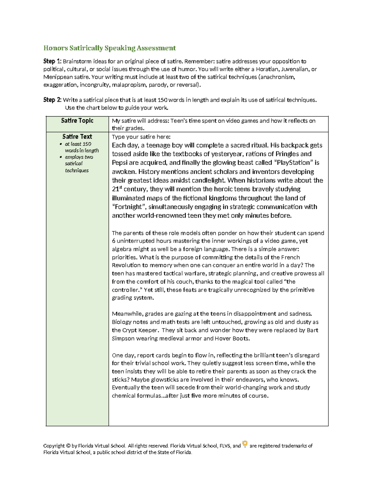 Honors Satire Writing Assignment: Techniques & Analysis - Studocu