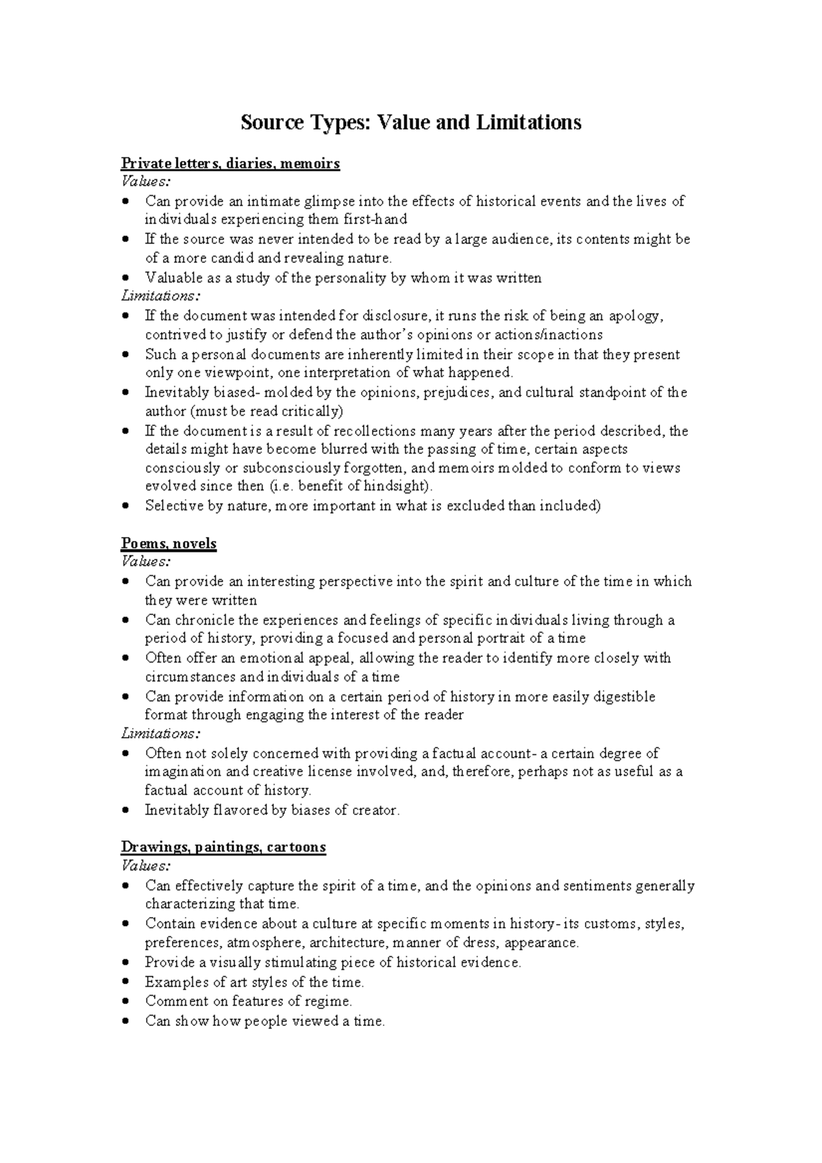 Source Types: Values and Limitations Analysis (Hist 101) - Studocu