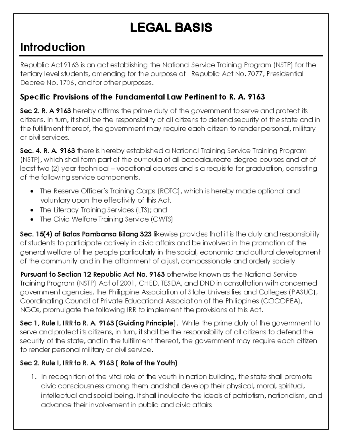 ROTC Notes: Legal Framework and Military Discipline Overview - Studocu