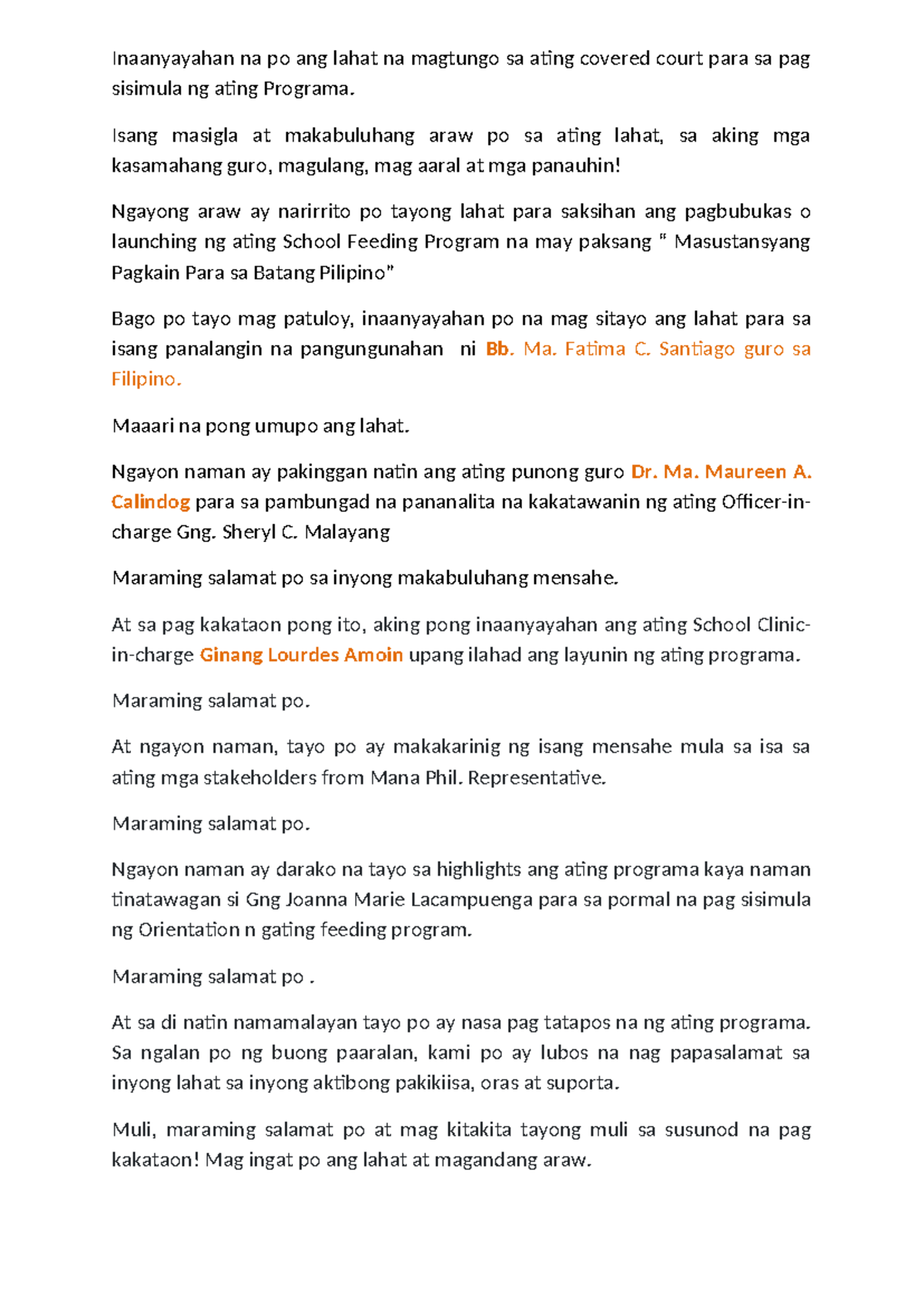 Feeding Program Launch Script: Masustansyang Pagkain Para sa Batang ...