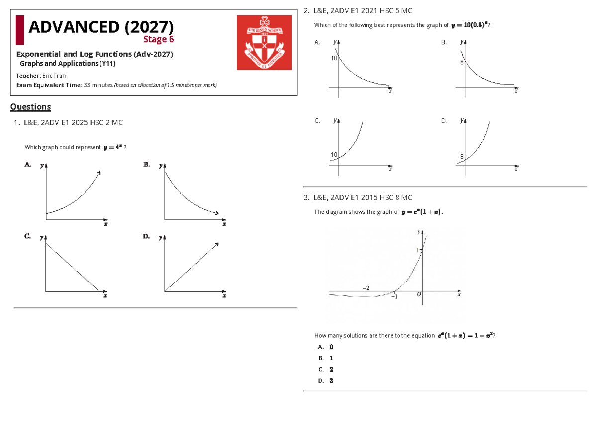 2ADV E1 2027 HSC Exam: Exponential & Log Functions Graphs - Studocu