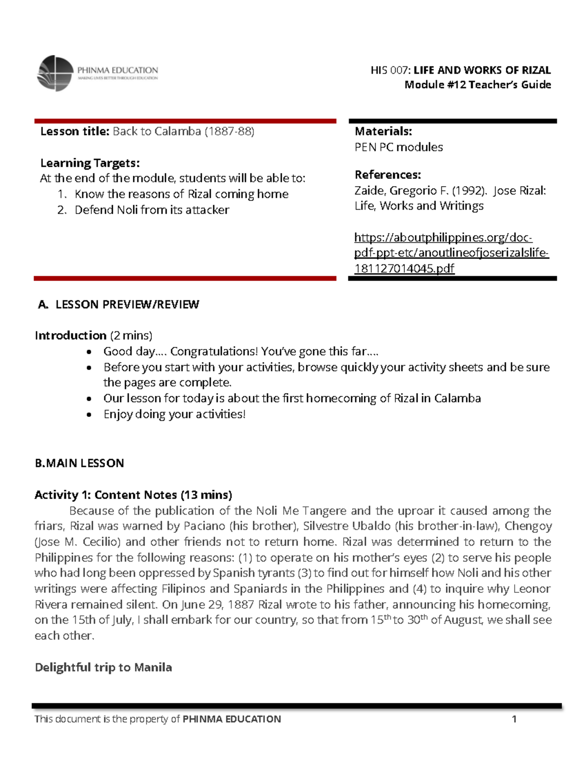 Lesson-12 - Phinmaed - Module #12 Teacher’s Guide Lesson title: Back to ...