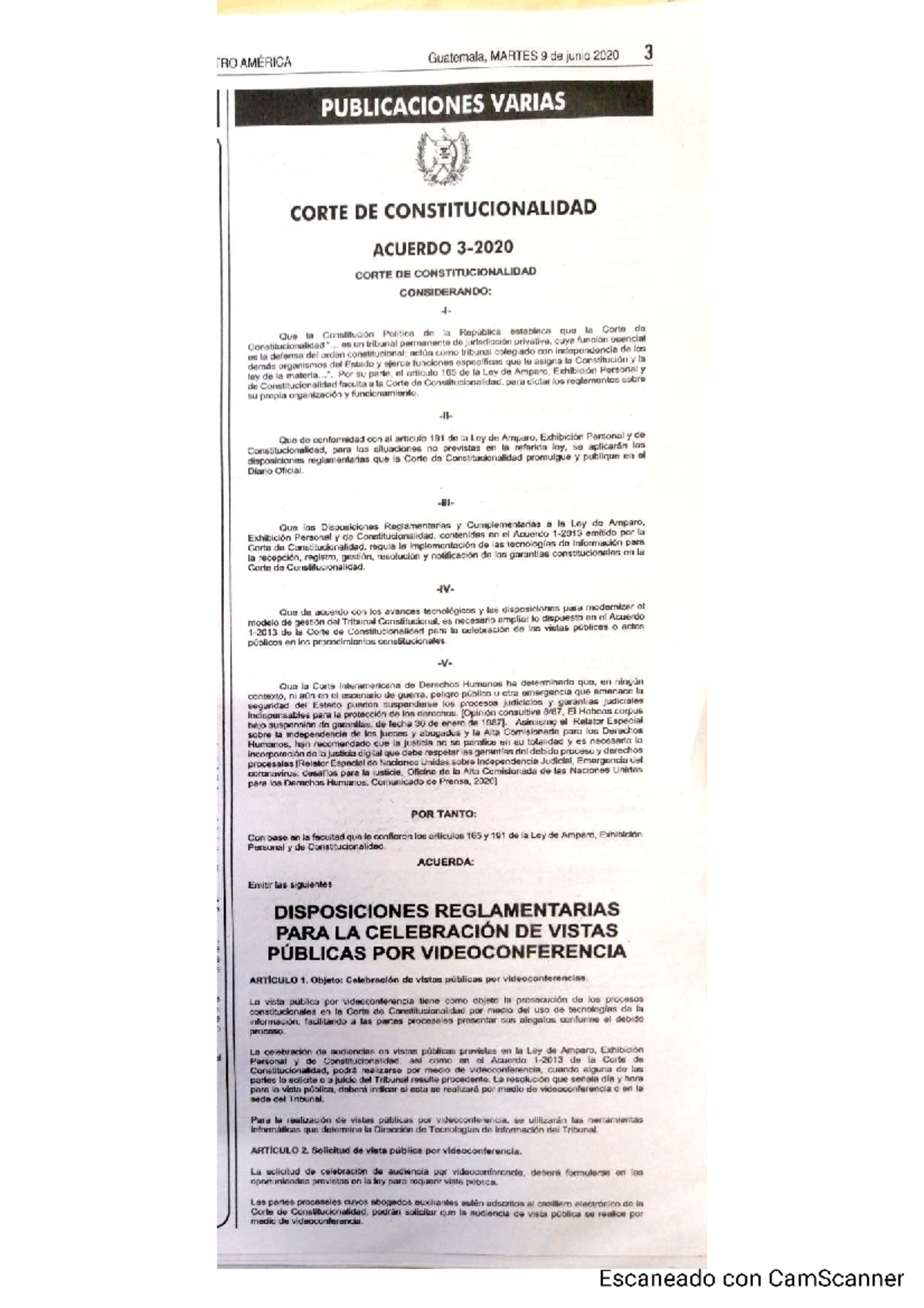 Acuerdo 3-2020 C.C.: Disposiciones para Vistas Públicas por Videoconferencia - Studocu