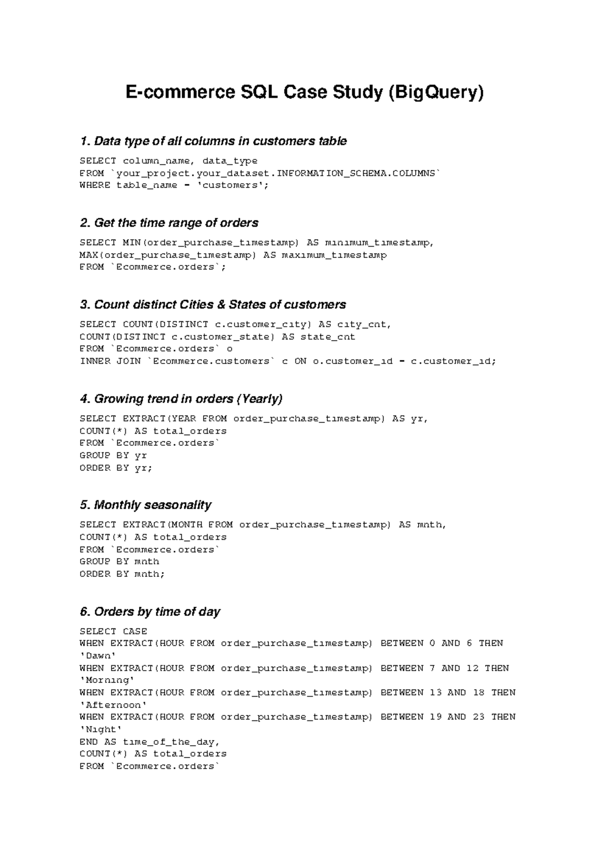 Ecommerce SQL Case Study (SQL 101): Analyzing Customer Orders - Studocu