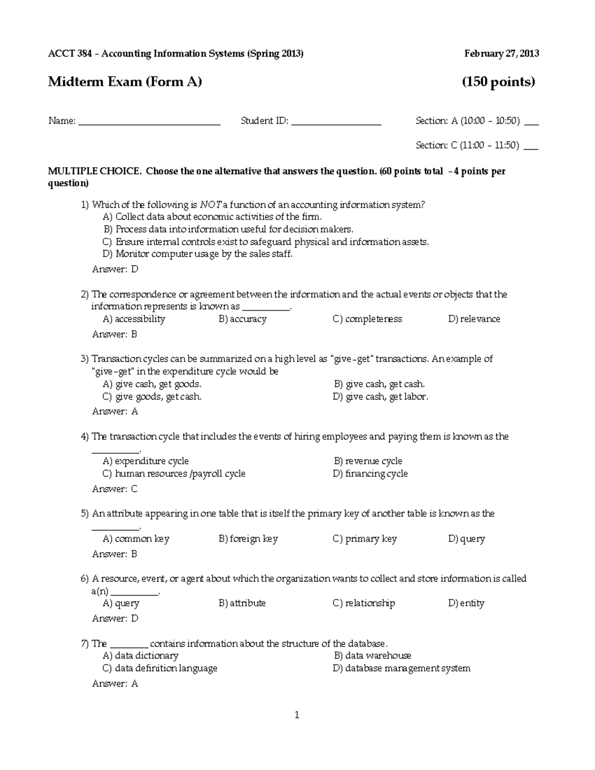 ACCT 384 - AIS Midterm Exam Form A (Spring 2013) Study Guide - Studocu