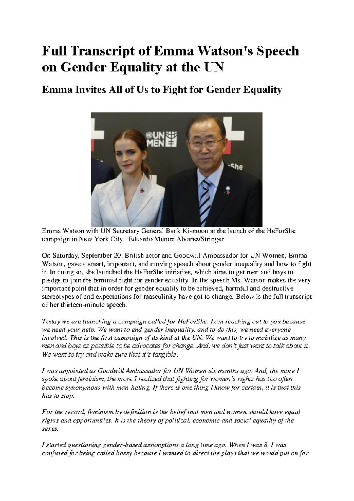 Full Transcript of Emma Watson's UN Speech on Gender Equality - Studocu