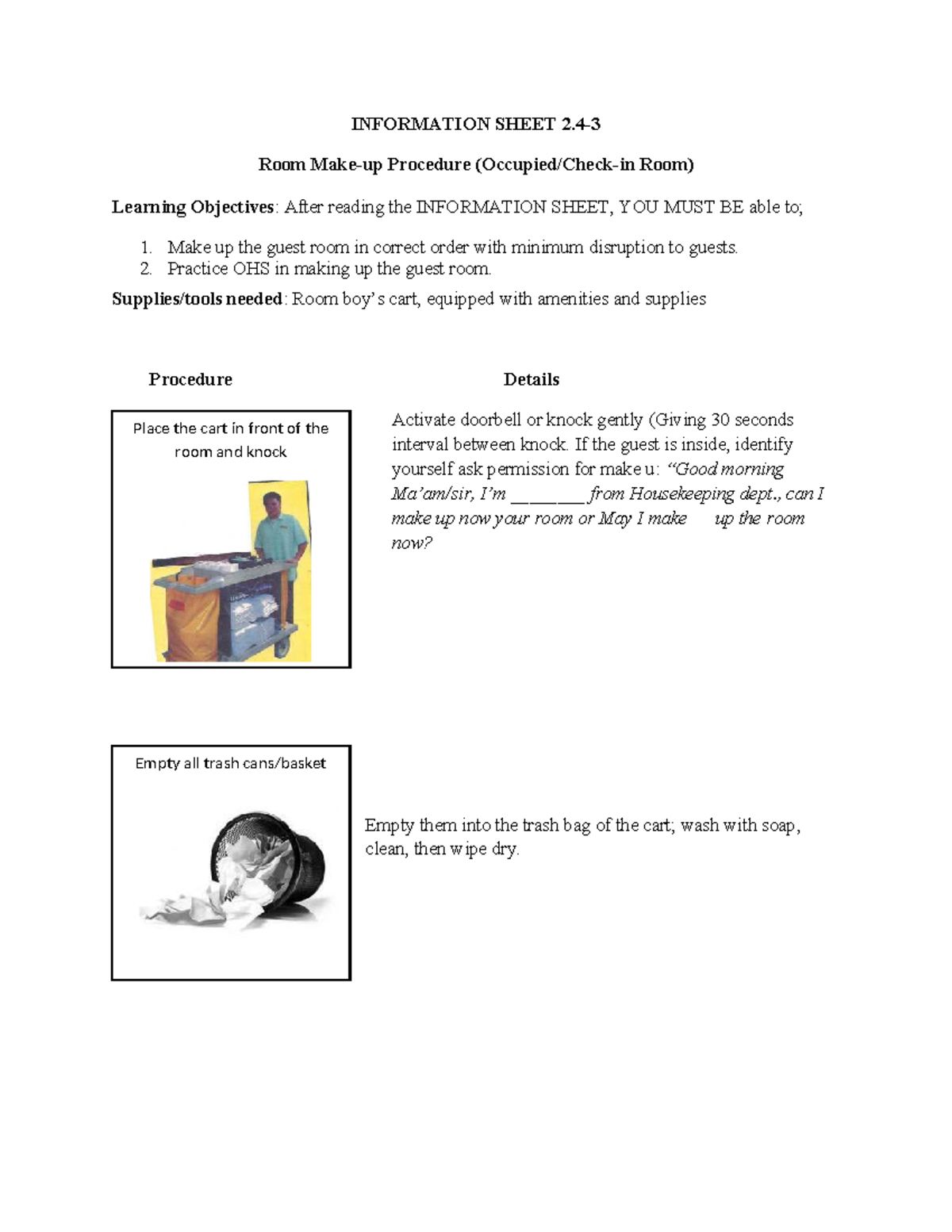 Room Makeup Procedures: OHS & Performance Checklist - Studocu