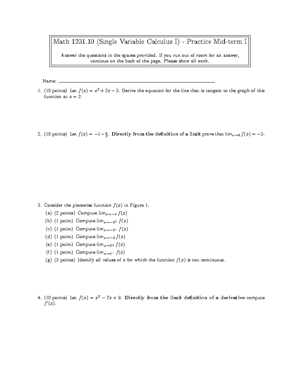 Math 1231.10 (Single Variable Calculus I) Practice I Solutions - Studocu
