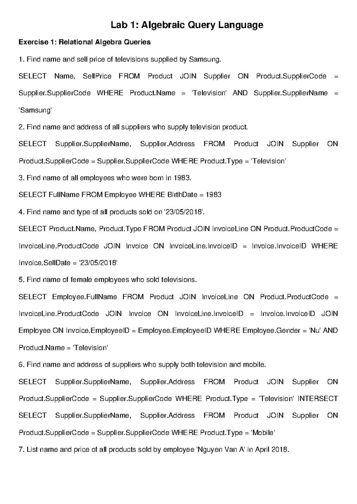 Lab 1 Algebraic Query Solutions - Lab 1: Algebraic Query Language ...