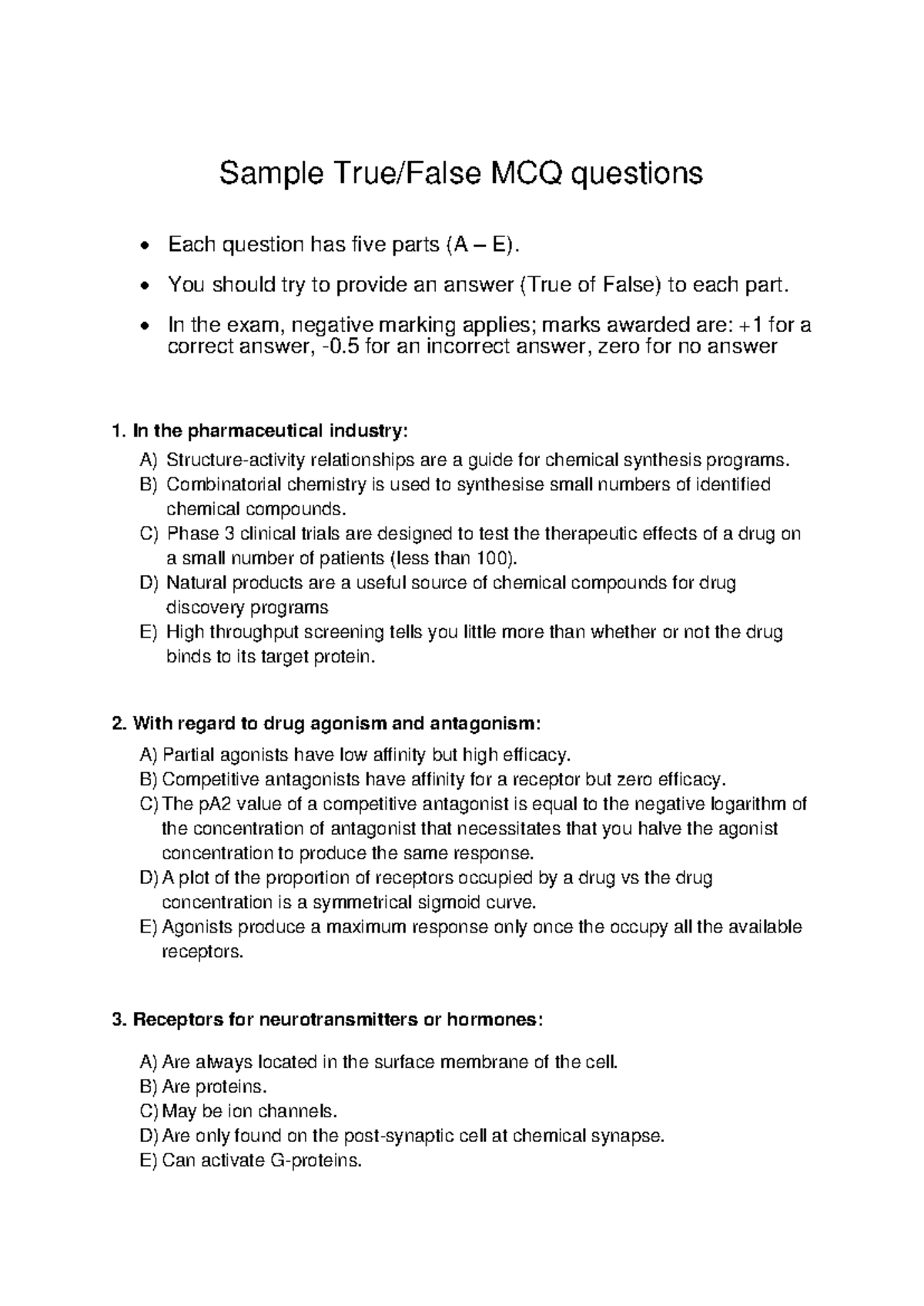 Sample midsessional questions - Sample True/False MCQ questions Each ...