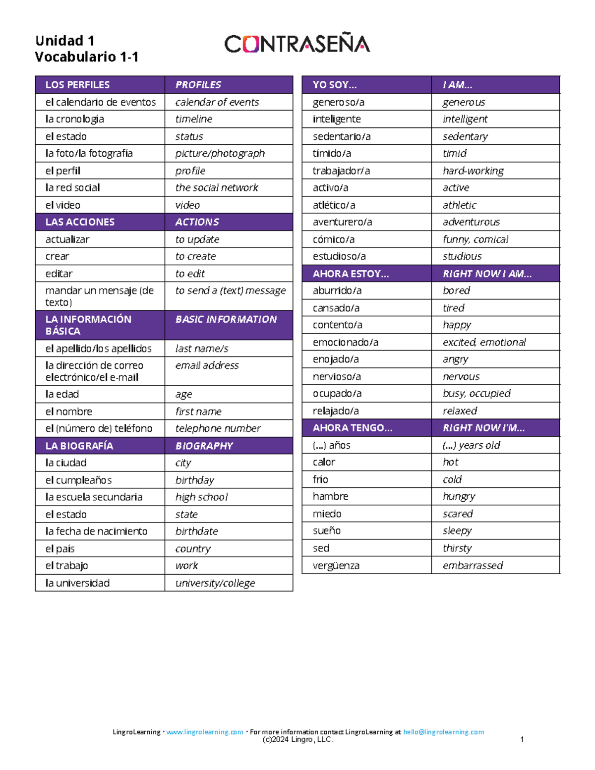 Unidad 1: Vocabulario y Gramática en Español - Números y Actividades ...