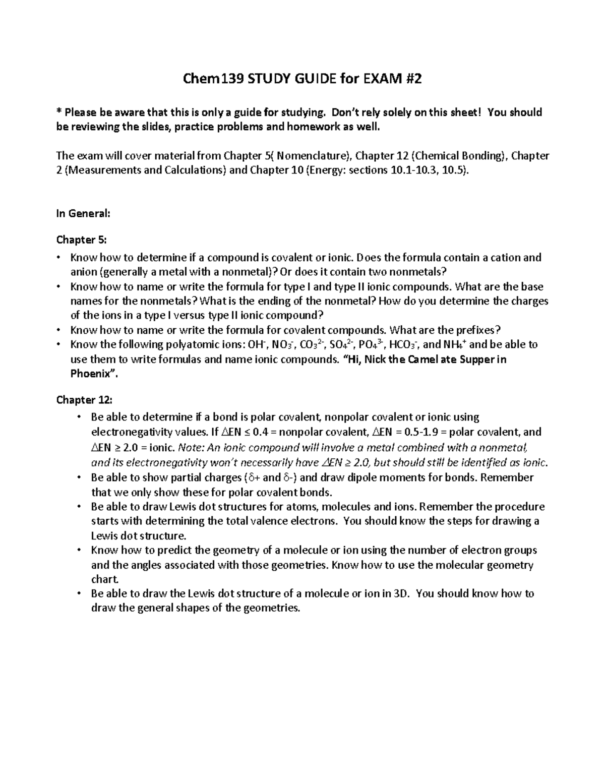 Chem139 STUDY GUIDE for FINAL EXAM: Chapters 2, 5, 10, 12 - Studocu