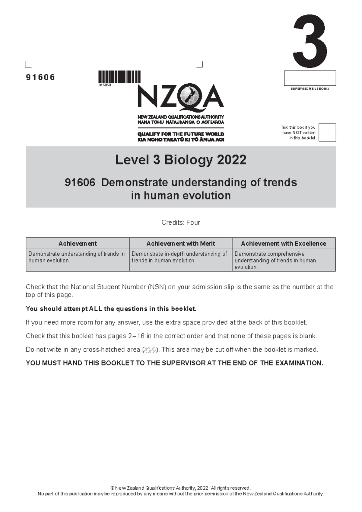 AS 91606 Level 3 Biology 2022 Exam Paper on Human Evolution Trends ...