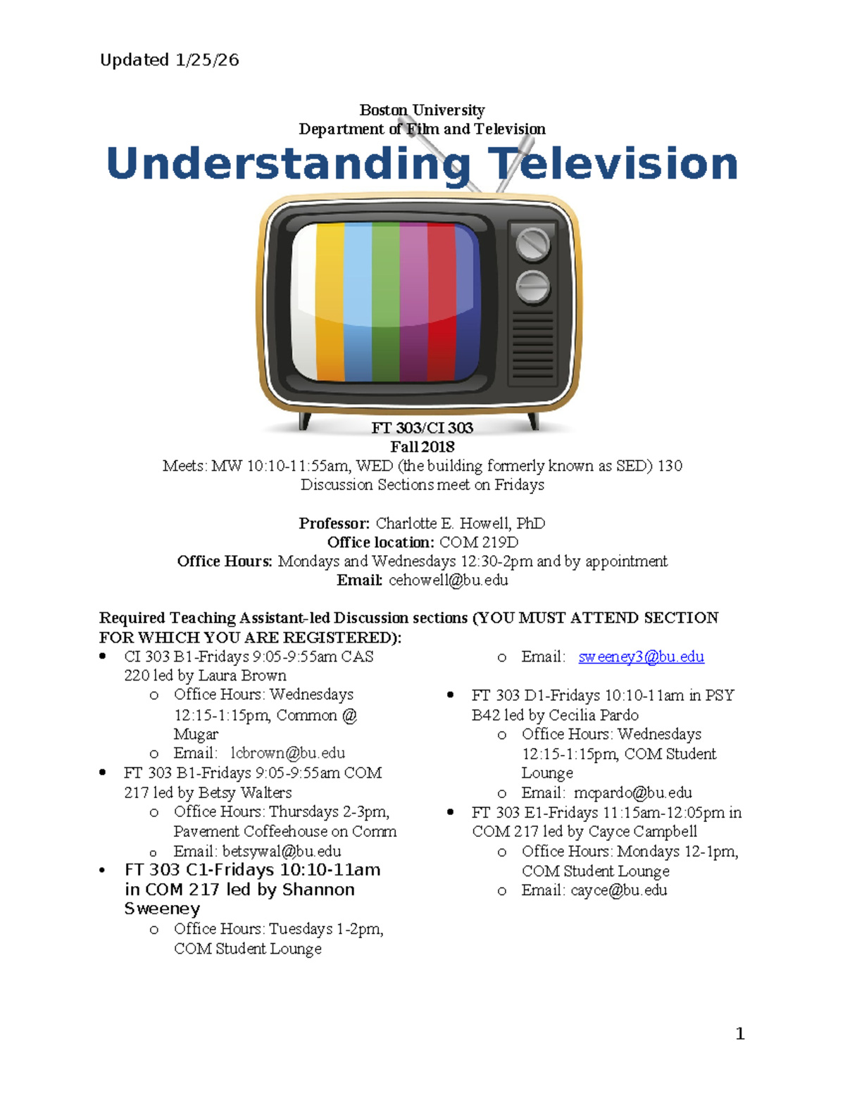 Understanding Television: Course Overview and Requirements FT 303 Fall ...