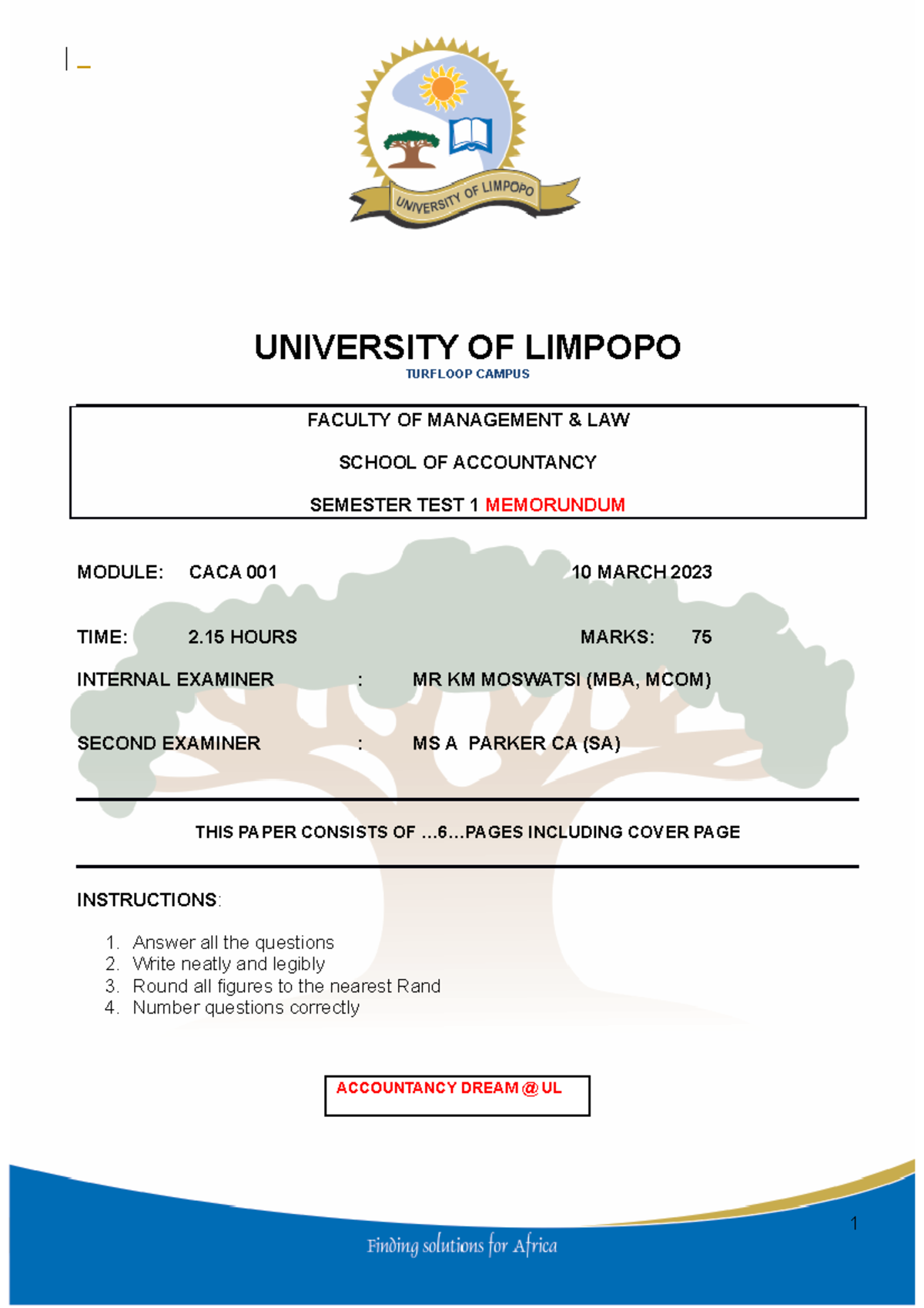 CACA001 TEST 1 MEMO - 2023 (After Moderation) Keko - UNIVERSITY OF ...
