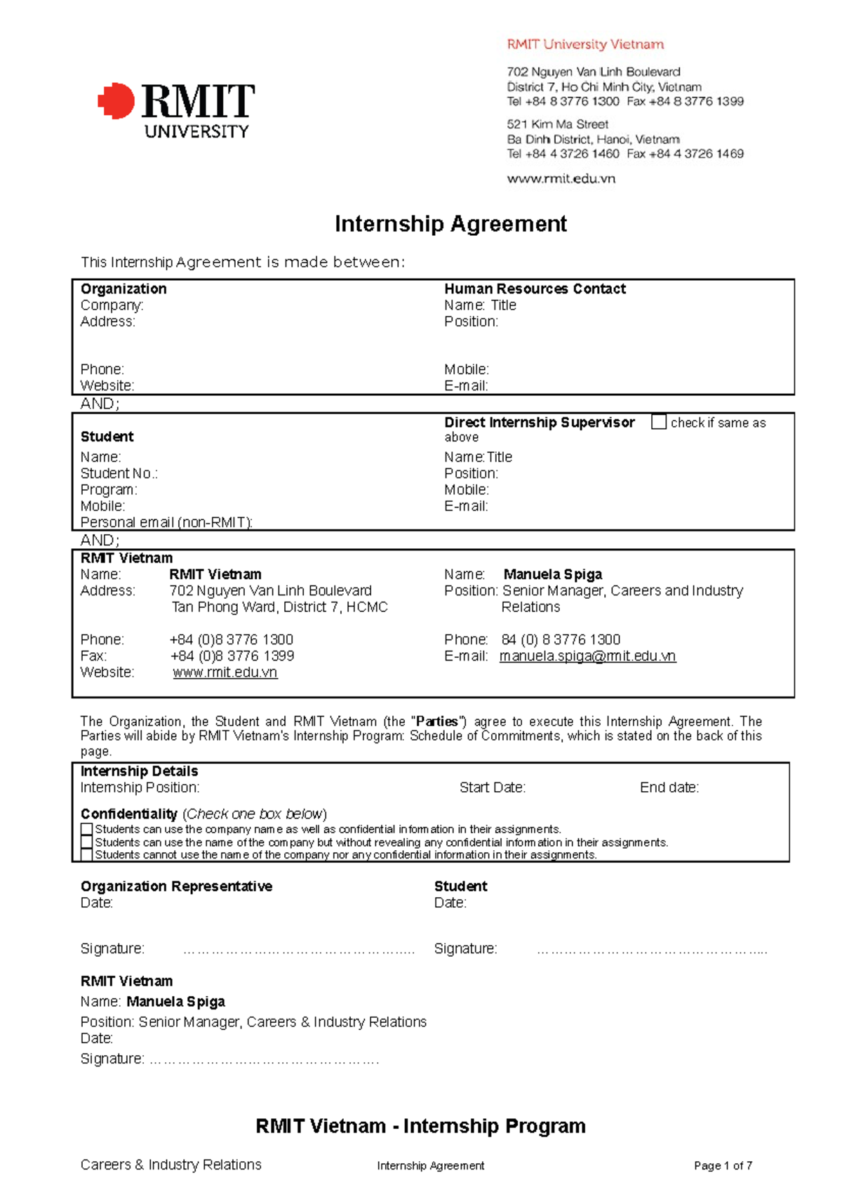 Internship Agreement Template for RMIT Vietnam (English Version) - Studocu