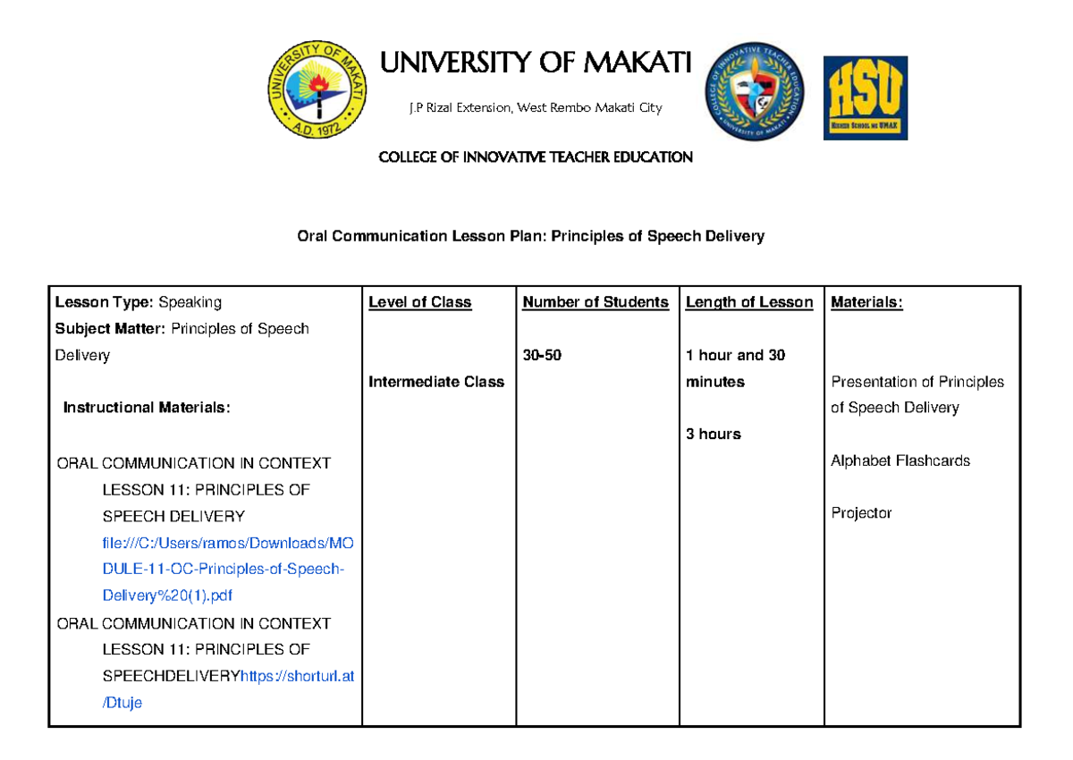 OC 101 - Oral Comm Lesson Plan: Principles of Speech Delivery - Studocu
