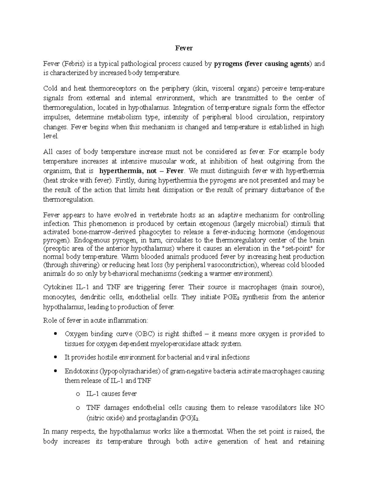 Fever Handout 16 - assignment - Fever Fever (Febris) is a typical ...