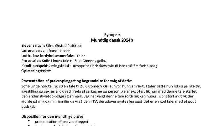 Mundtlig Dansk Synopsis 2024b: Sofie Lindes Tale Analyse - Studocu