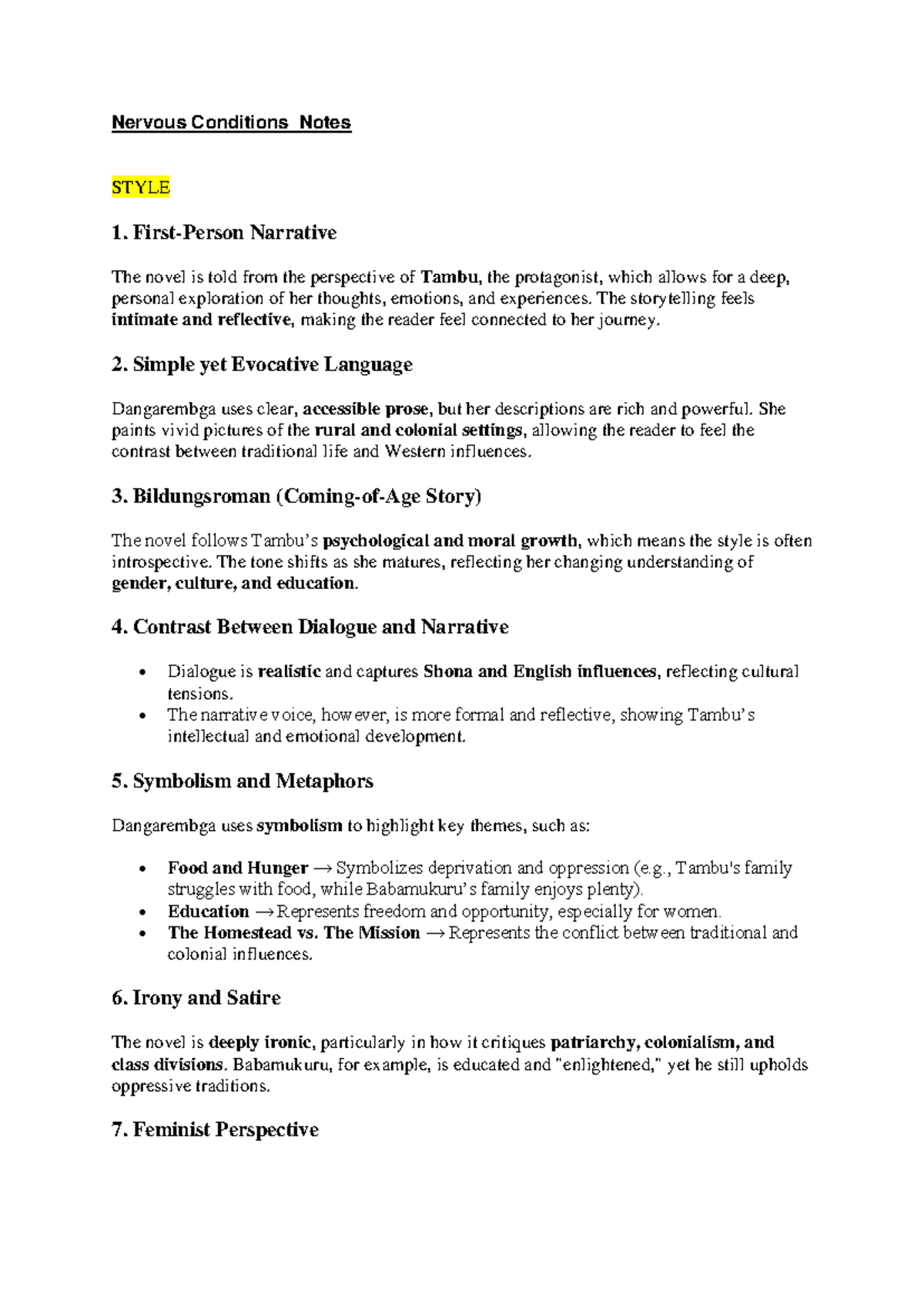 Nervous Conditions (EXAM) Study Notes: Themes, Characters, and Analysis ...