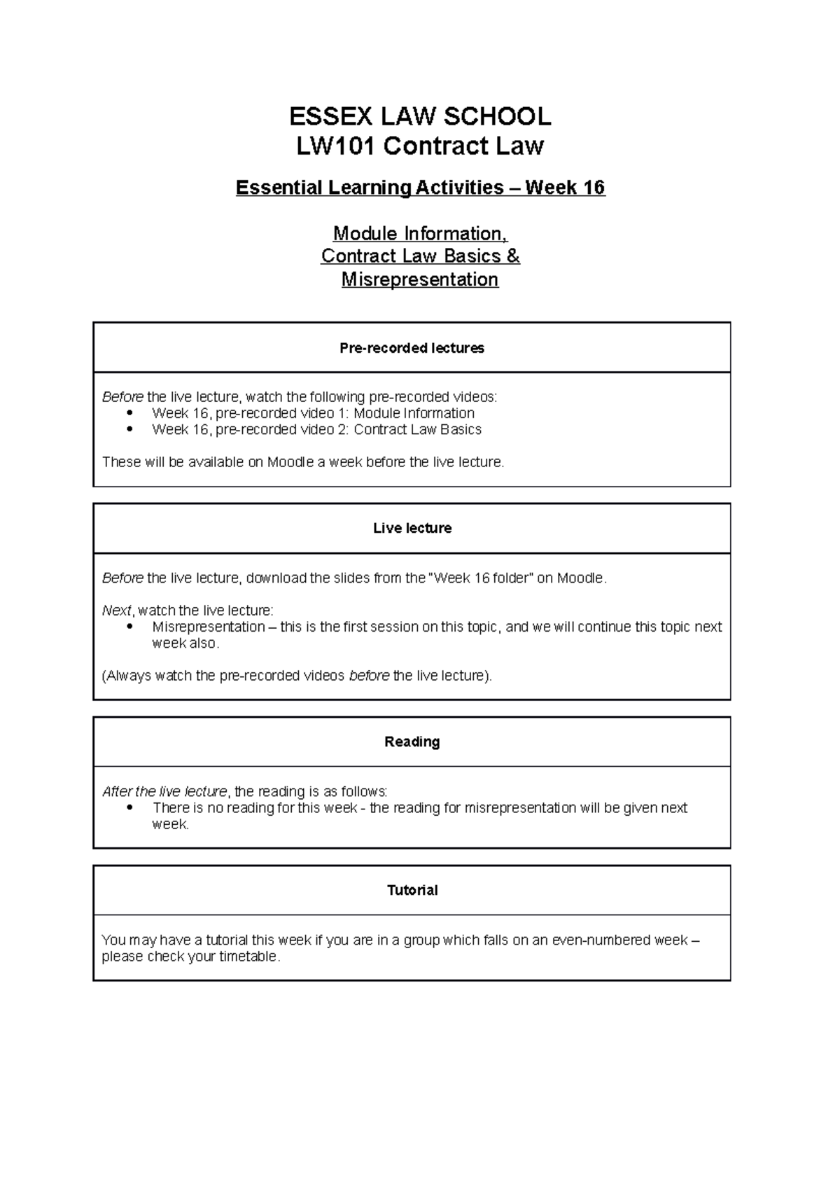 Learning activities - Week 16 - ESSEX LAW SCHOOL LW101 Contract Law ...