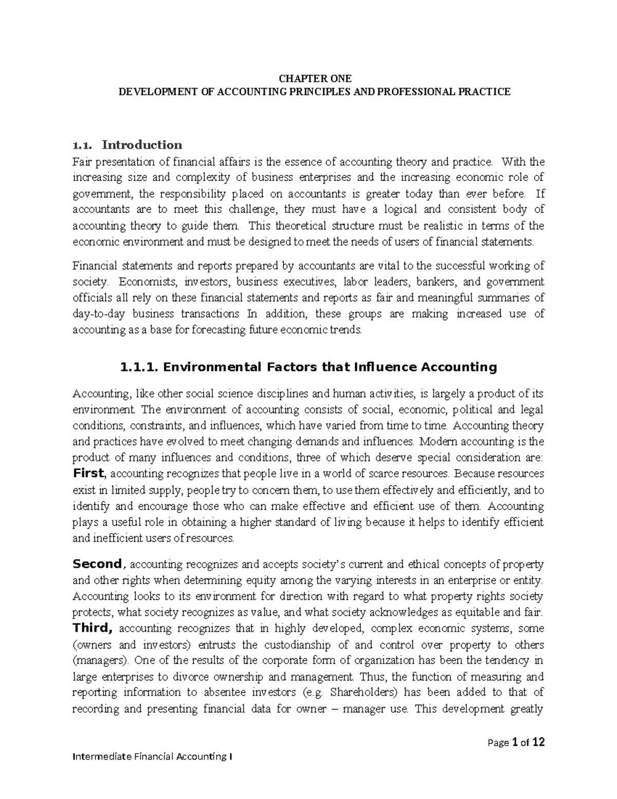 Intermediate FA I Chapter: Development of Accounting Principles - Studocu