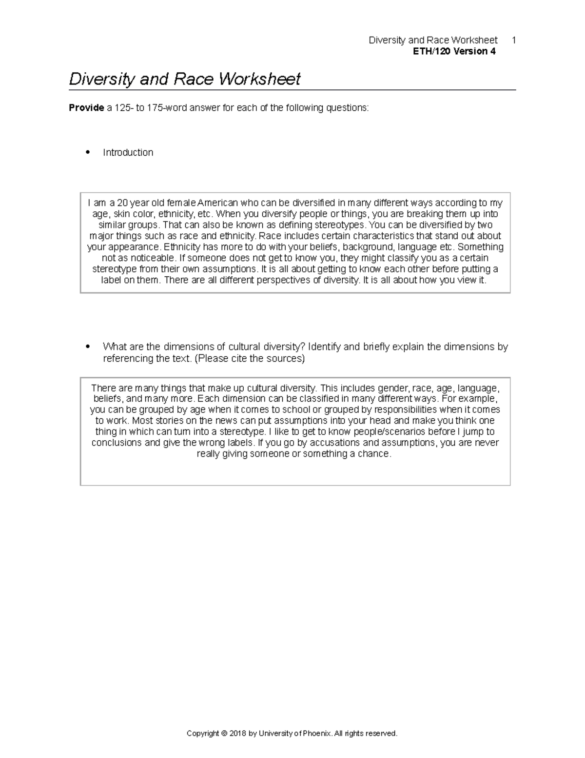 ETH/120 Final Exam: Diversity and Race Analysis Worksheet - Studocu