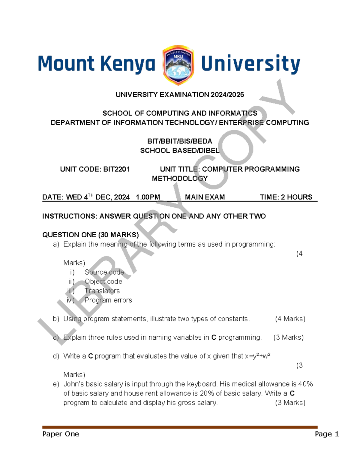 BIT2201 Computer Programming Methodology Main Exam Notes - Studocu