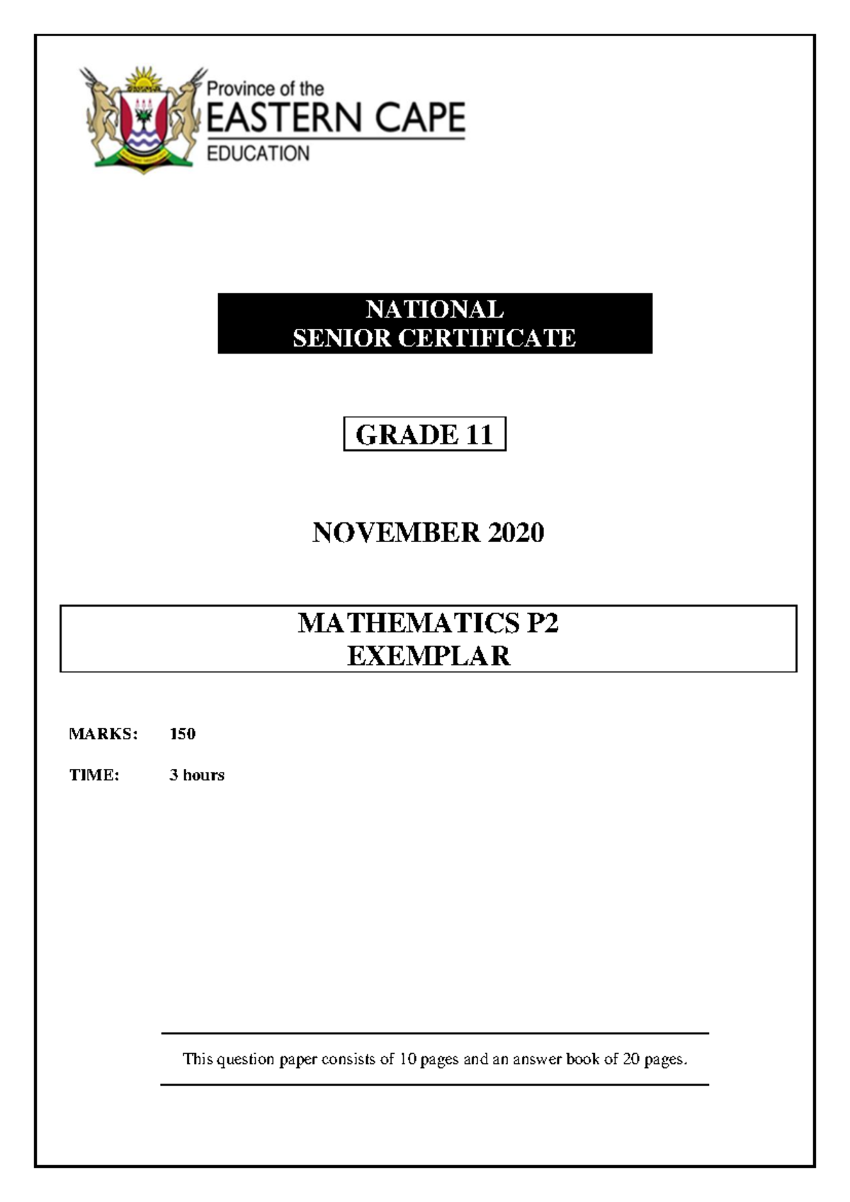EC GR11 NOV 2020 MATHEMATICS P2 EXEMPLAR QUESTION PAPER & MEMO - Studocu