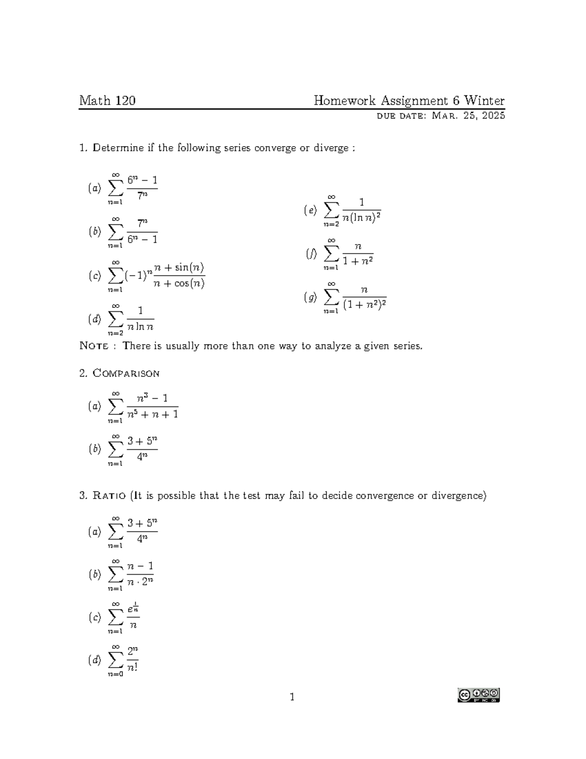 Math 120: Homework Assignment 6 - Series Convergence/Divergence - Studocu